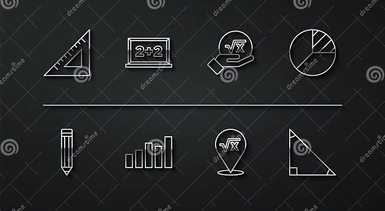 Set Line Triangular Ruler, Pencil, Pie Chart Infographic, Square Root ...