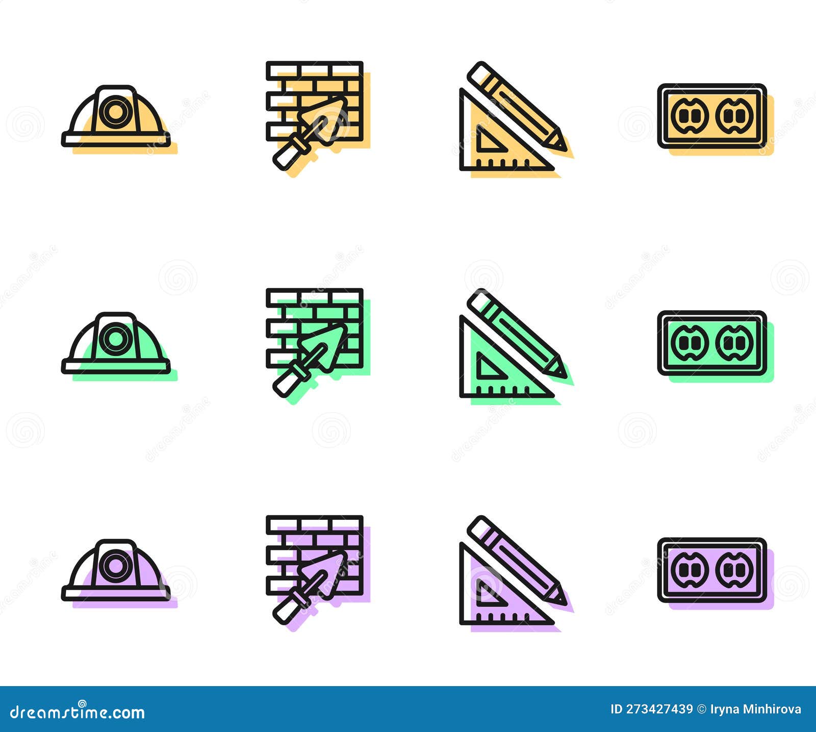 Set Line Triangular Ruler and Pencil, Worker Safety Helmet, Brick Wall ...