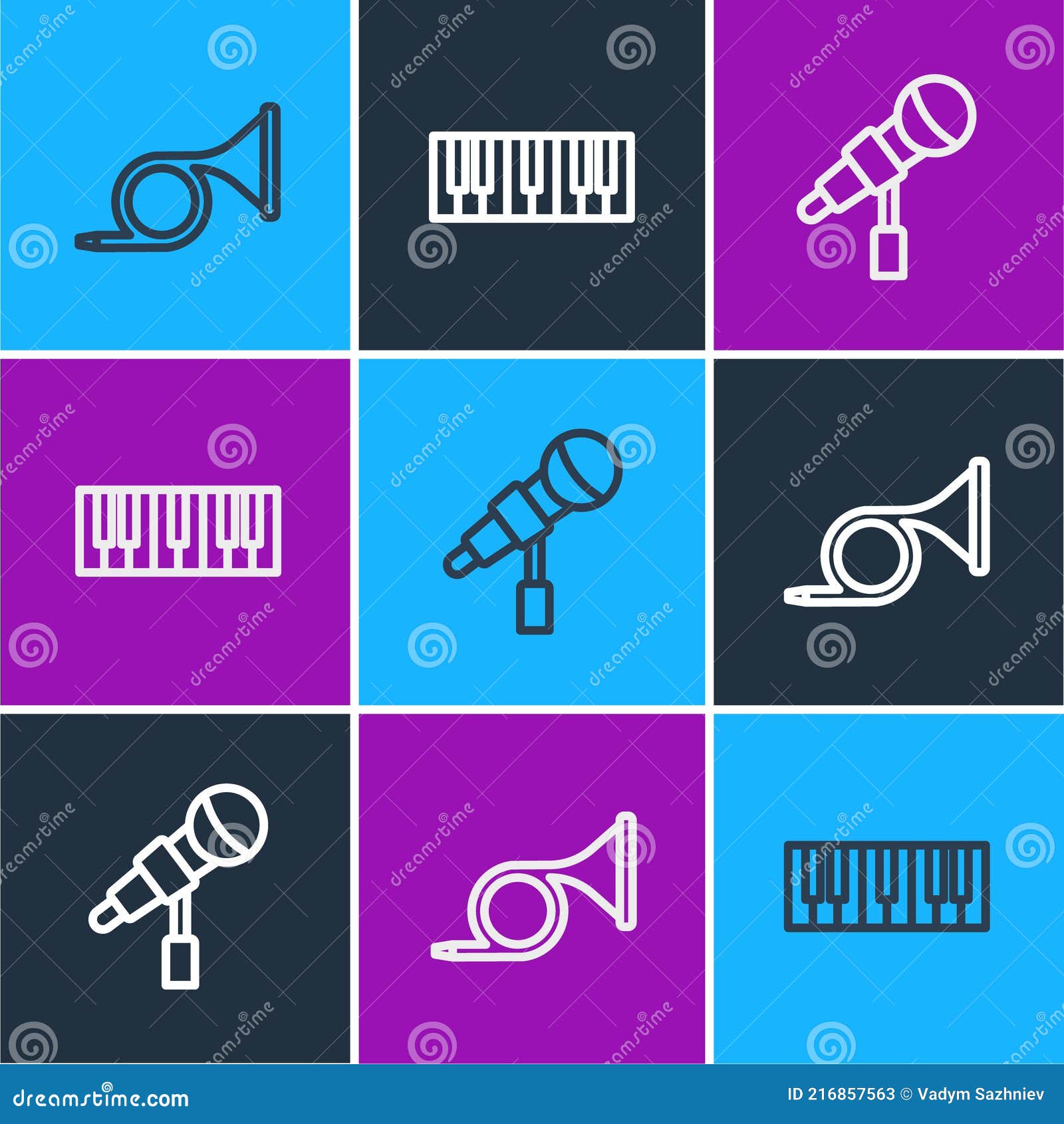 Set Line Trumpet, Microphone and Music Synthesizer Icon. Vector Stock ...