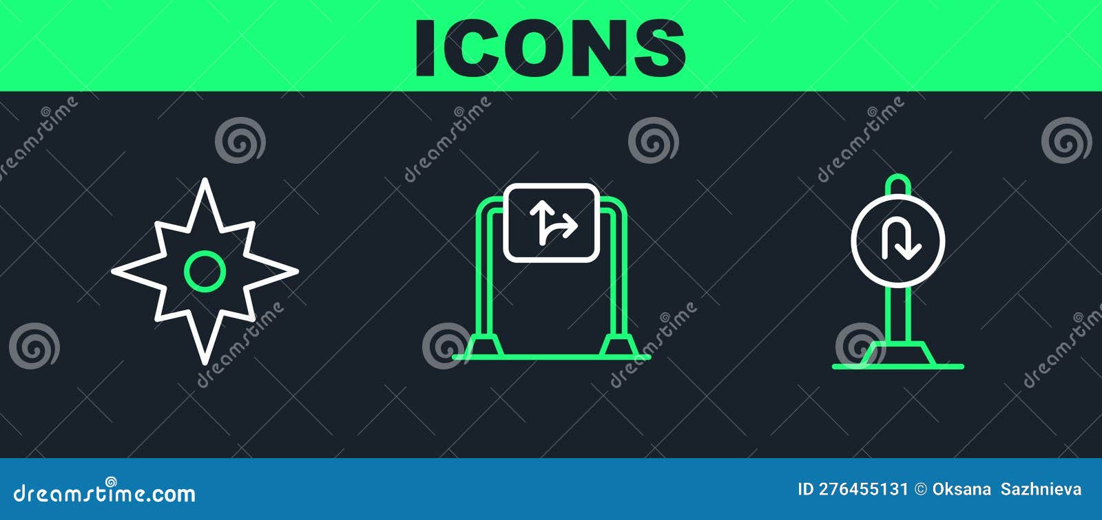 Set Line Turn Back Road Sign, Wind Rose and Road Traffic Icon. Vector ...