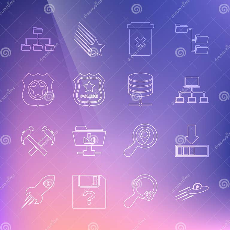 Set Line UFO Flying Spaceship and Alien, Loading, Computer Network, Trash Can, Police Badge ...