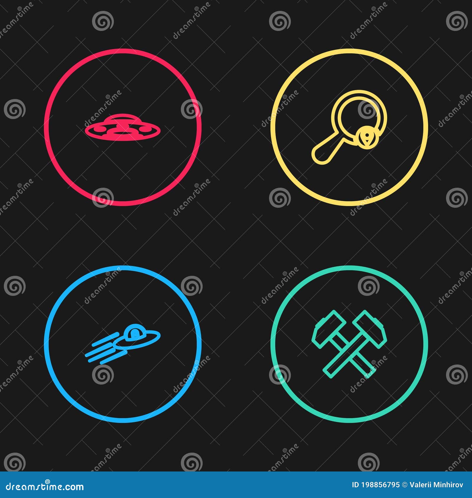 Set Line UFO Flying Spaceship and Alien, Two Crossed Hammers, Search ... Set Line UFO Flying Spaceship and Alien, Two Crossed Hammers, Search ...