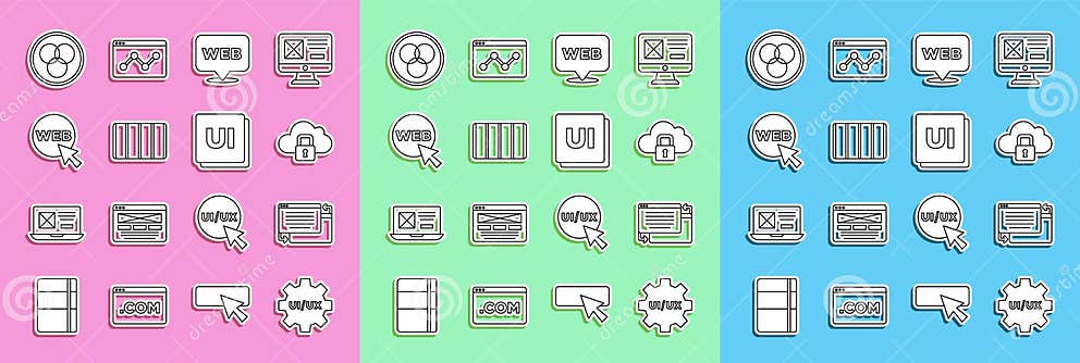 Set Line UI or UX Design, Cloud Computing Lock, Web and Graphic, Color Palette Guide, RGB CMYK ...