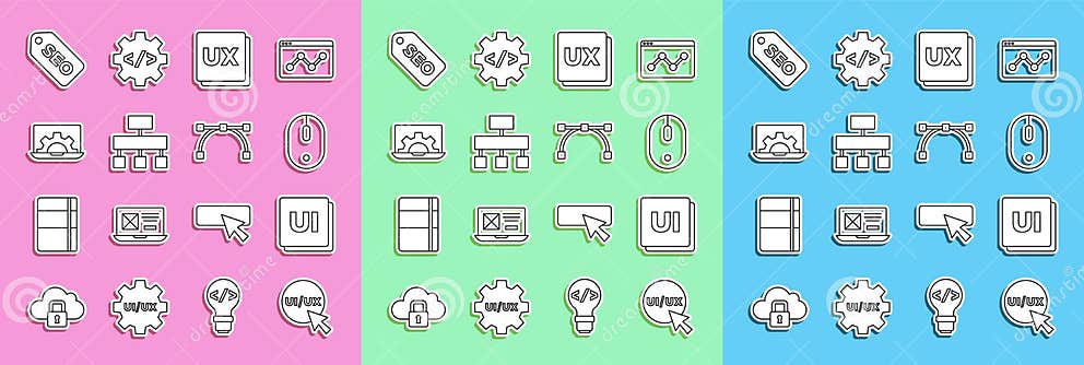 Set Line UI or UX Design, Computer Mouse, Site Map, Web Development, SEO Optimization and Bezier ...