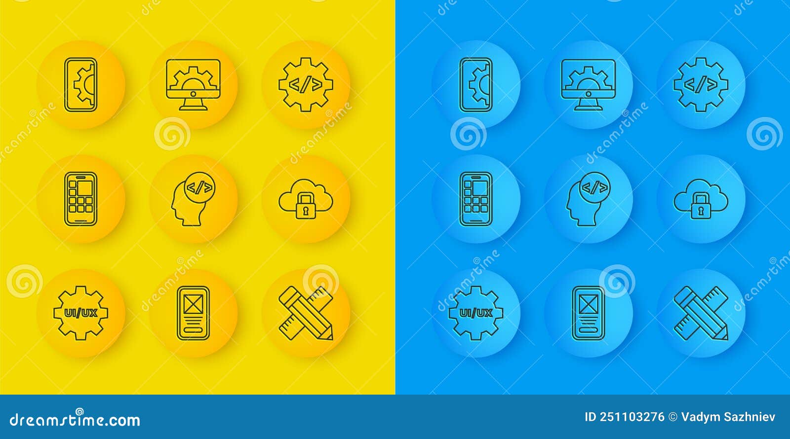 Set Line UI or UX Design, Mobile Apps, Front End Development, Crossed Ruler and Pencil, Cloud ...