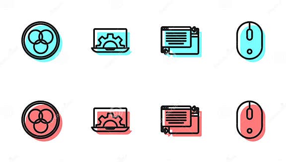 Set Line UI or UX Design, RGB and CMYK Color Mixing, Web Development and Computer Mouse Icon ...