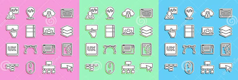 Set Line Ui Or Ux Design Web Development Layers Cloud Computing Lock