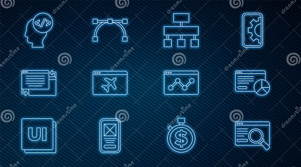 Set Line Ui Or Ux Design Website Statistic Site Map Template Front End Development And