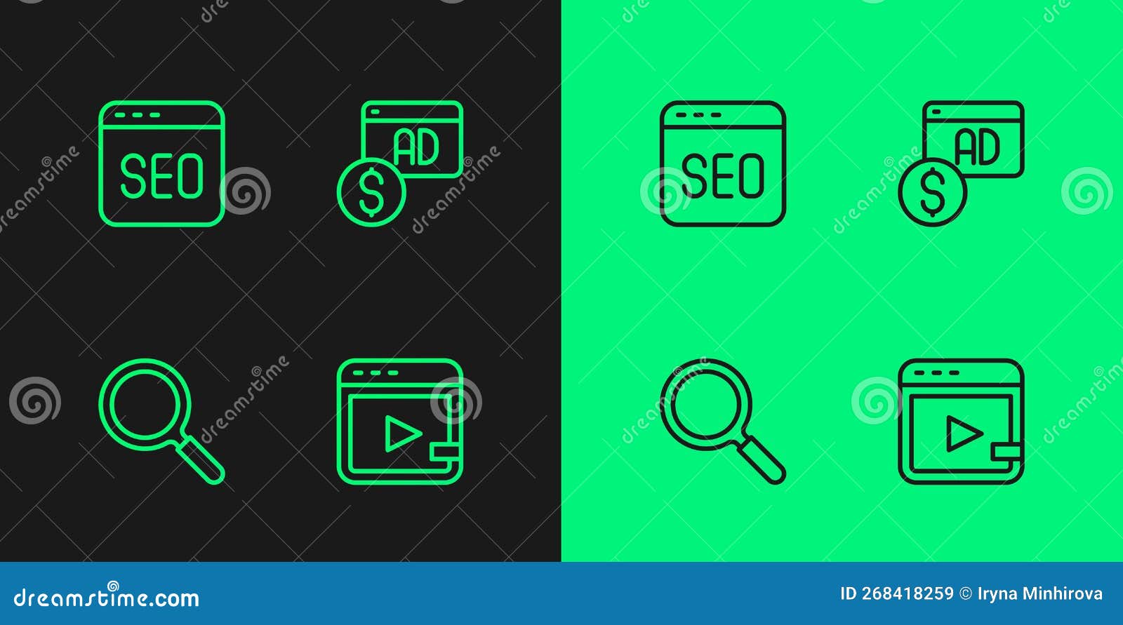 Set Line Video Advertising, Magnifying Glass, SEO Optimization and Advertising Icon. Vector ...