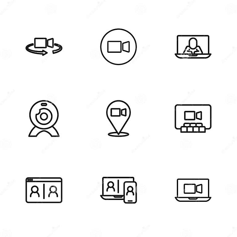 Set Line Video Chat Conference, 360 Degree View, and Web Camera Icon ...