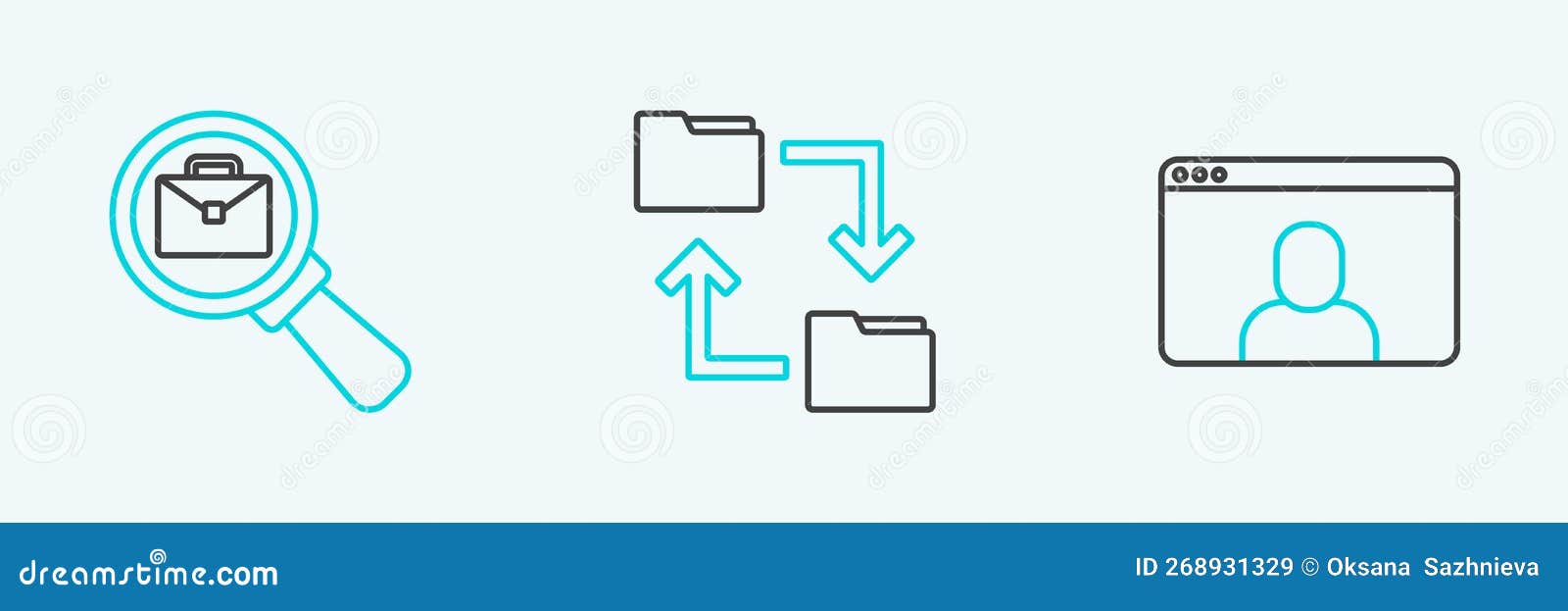 Set Line Video Chat Conference, Magnifying Glass with Briefcase and ... Set Line Video Chat Conference, Magnifying Glass with Briefcase and ...