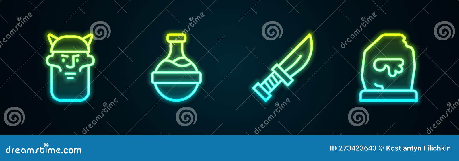 Set Line Viking Head, Bottle with Potion, Dagger and Magic Rune ...