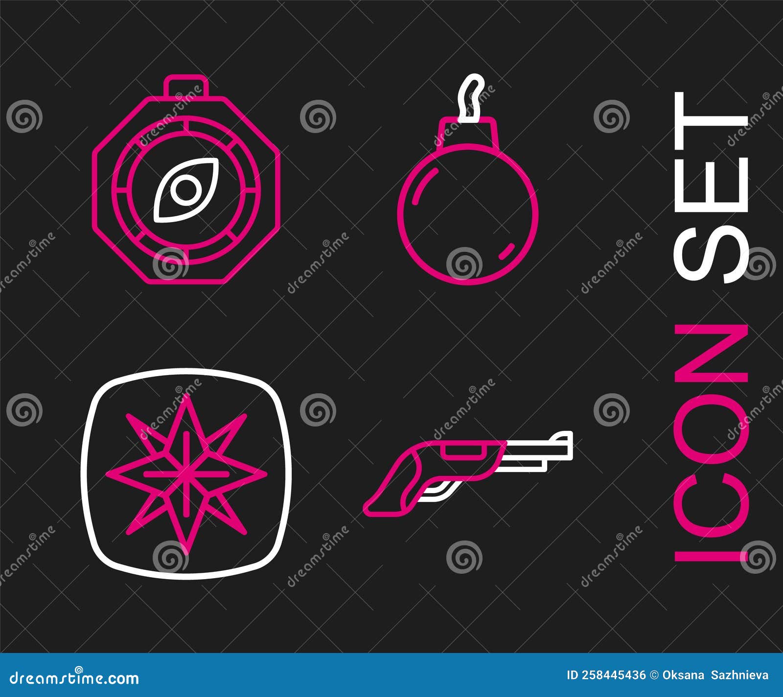 Set Line Vintage Pistol, Wind Rose, Bomb Ready Explode and Compass Icon ...