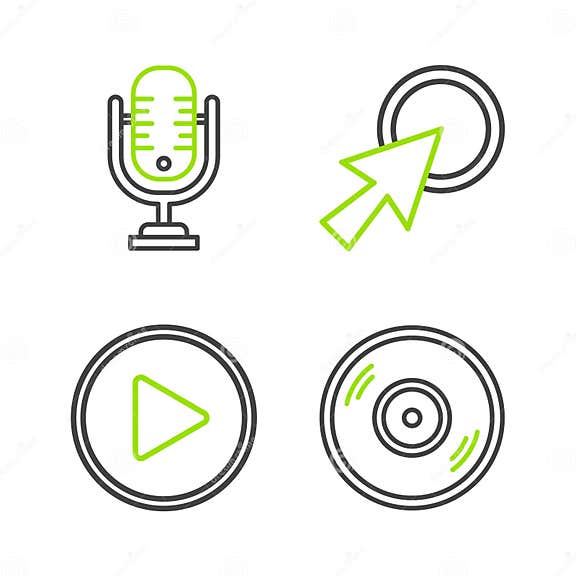 Set Line Vinyl Disk, Play Circle, Arrow Cursor and Microphone Icon ...