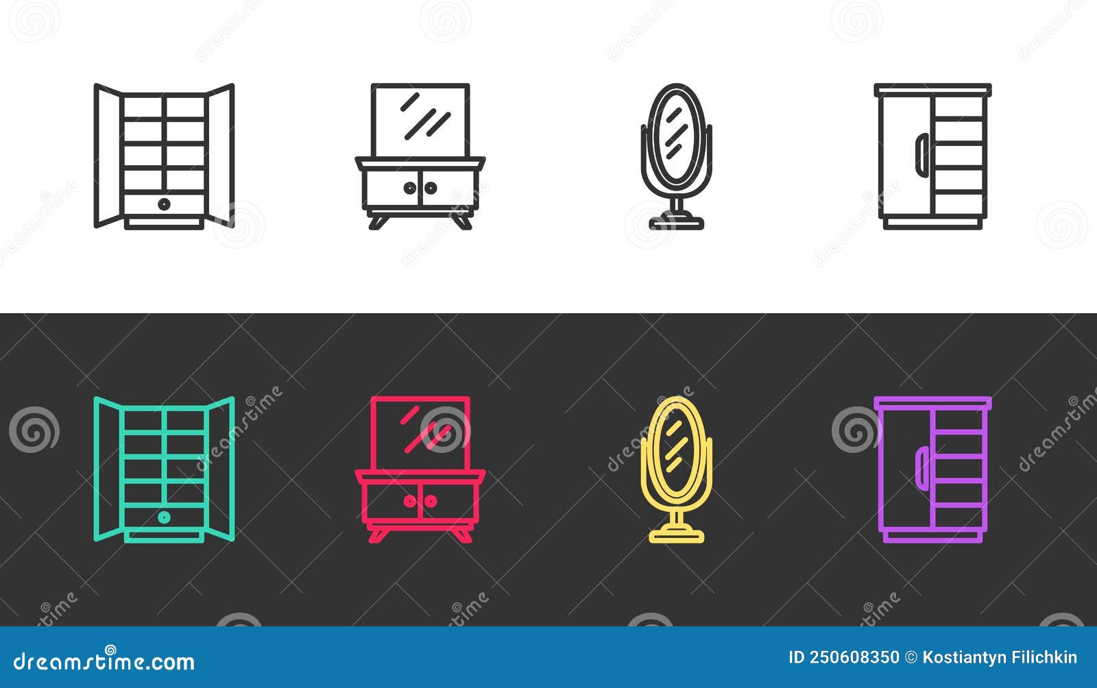 Set Line Wardrobe, Dressing Table, Mirror and on Black and White ...