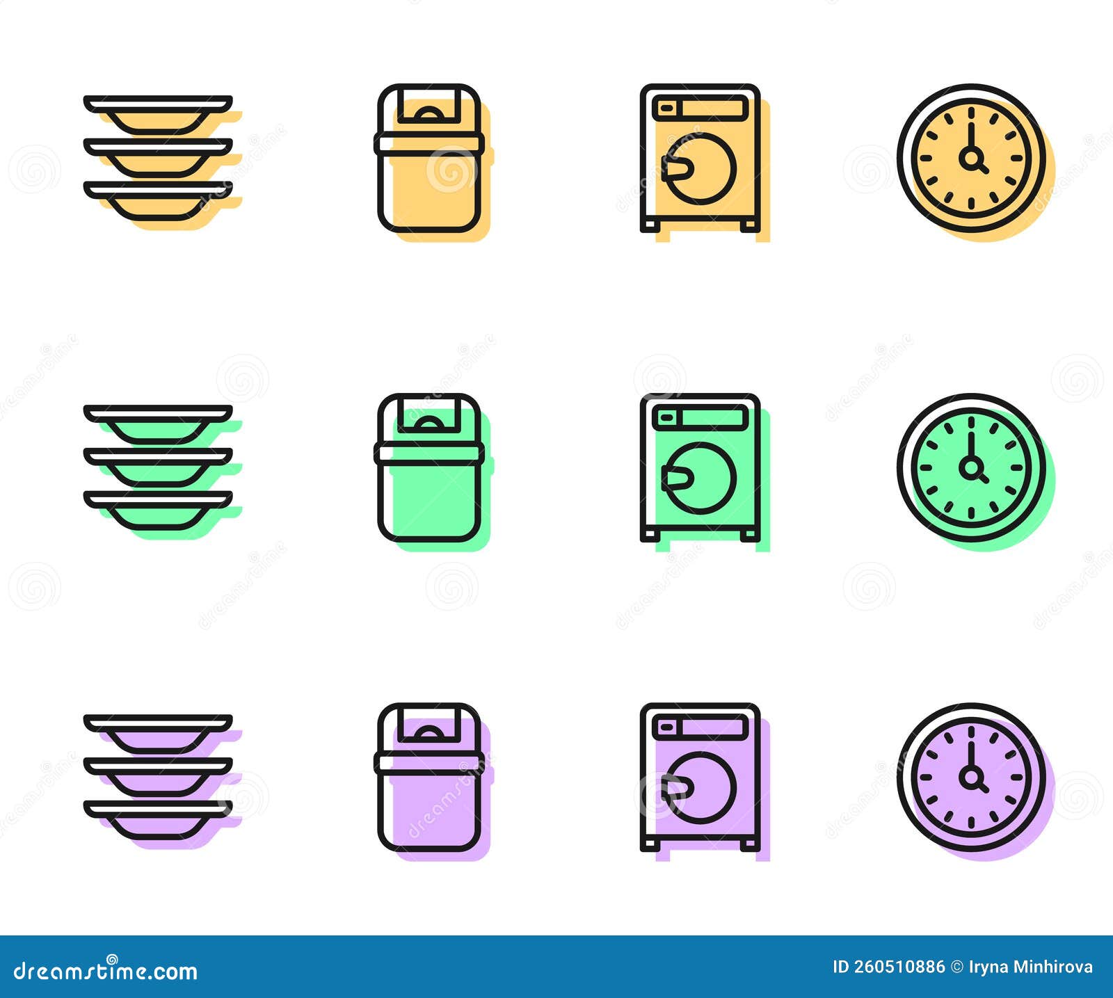 Set Line Washer, Washing Dishes, Trash Can and Clock Icon. Vector Stock ...