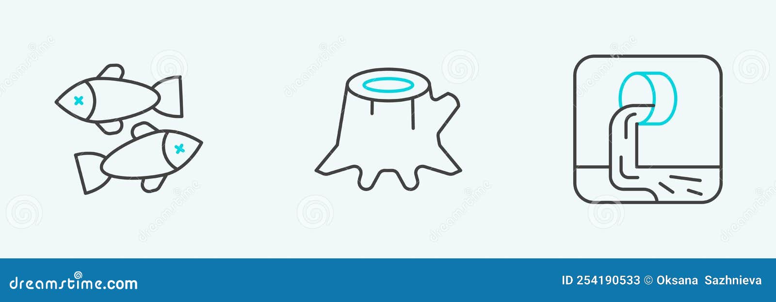 Set Line Wastewater, Dead Fish and Tree Stump Icon. Vector Stock ...