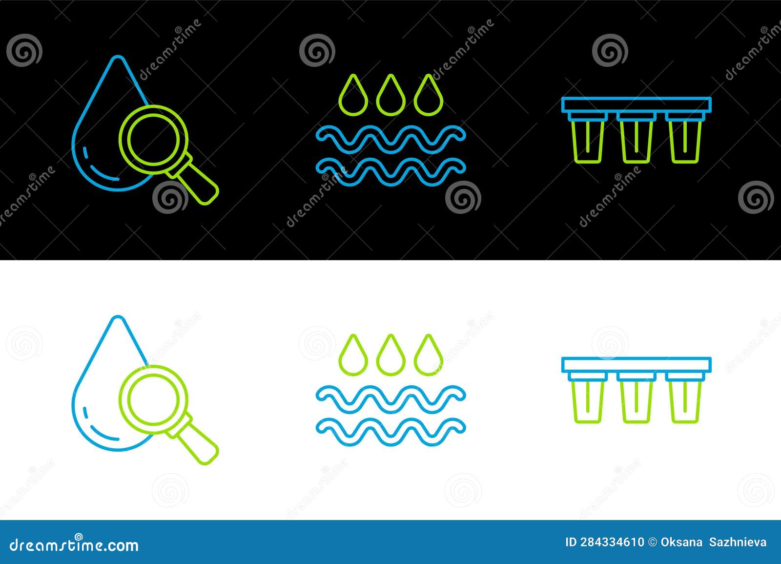 Set Line Water Filter, Drop and Magnifying Glass and Wave with Water ...