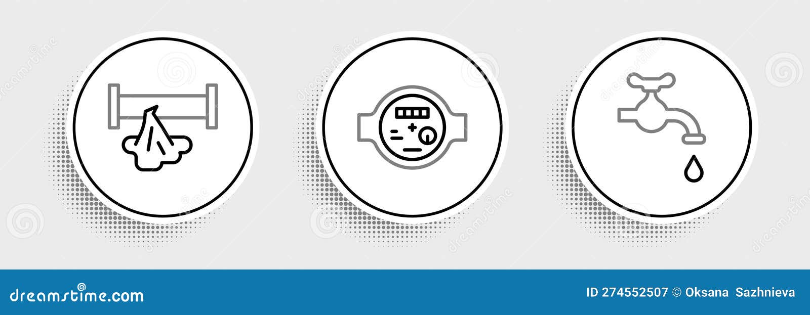 Set Line Water Tap, Broken Pipe and Meter Icon. Vector Stock ...
