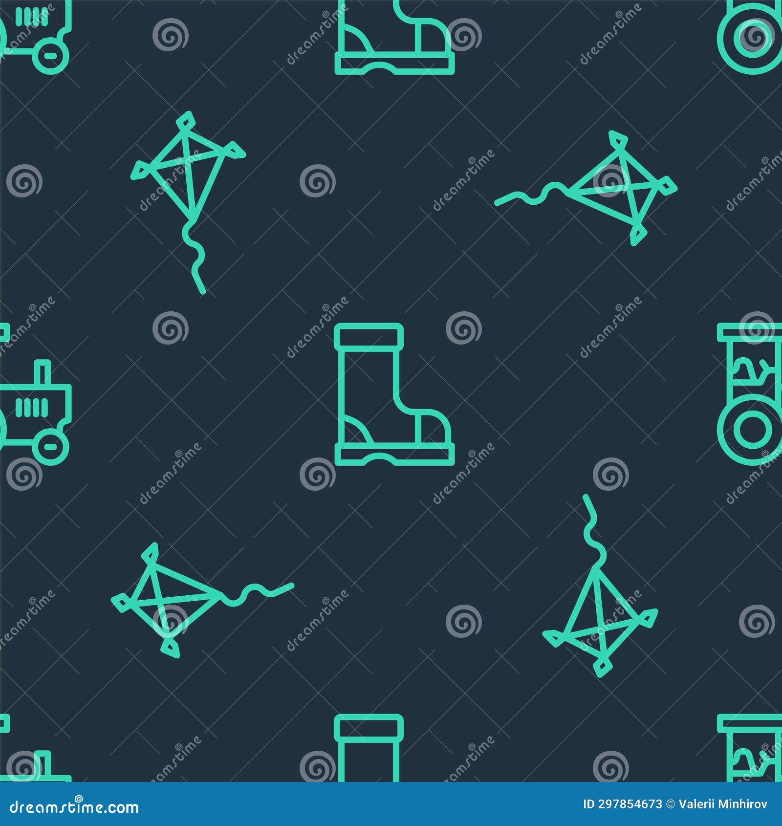 Set Line Waterproof Rubber Boot, Kite and Tractor on Seamless Pattern ...