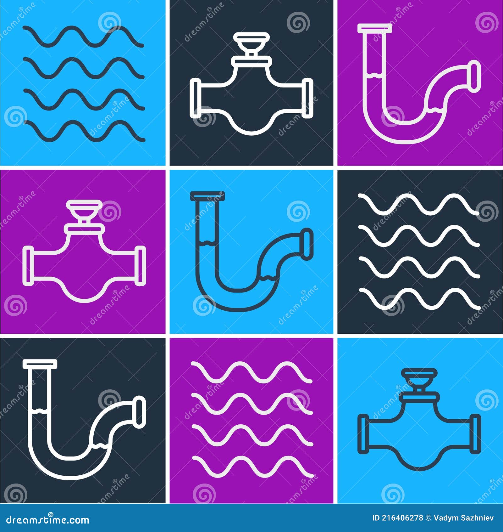 Set Line Wave, Industry Metallic Pipe and Industry Pipe and Valve Icon ...