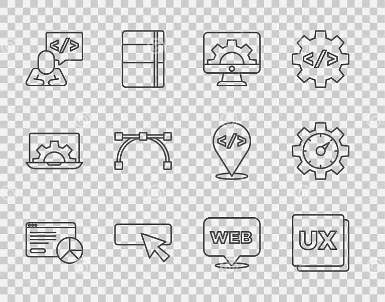 Set Line Website Statistic, UI or UX Design, Development, Front End, Bezier Curve, and Graphic ...