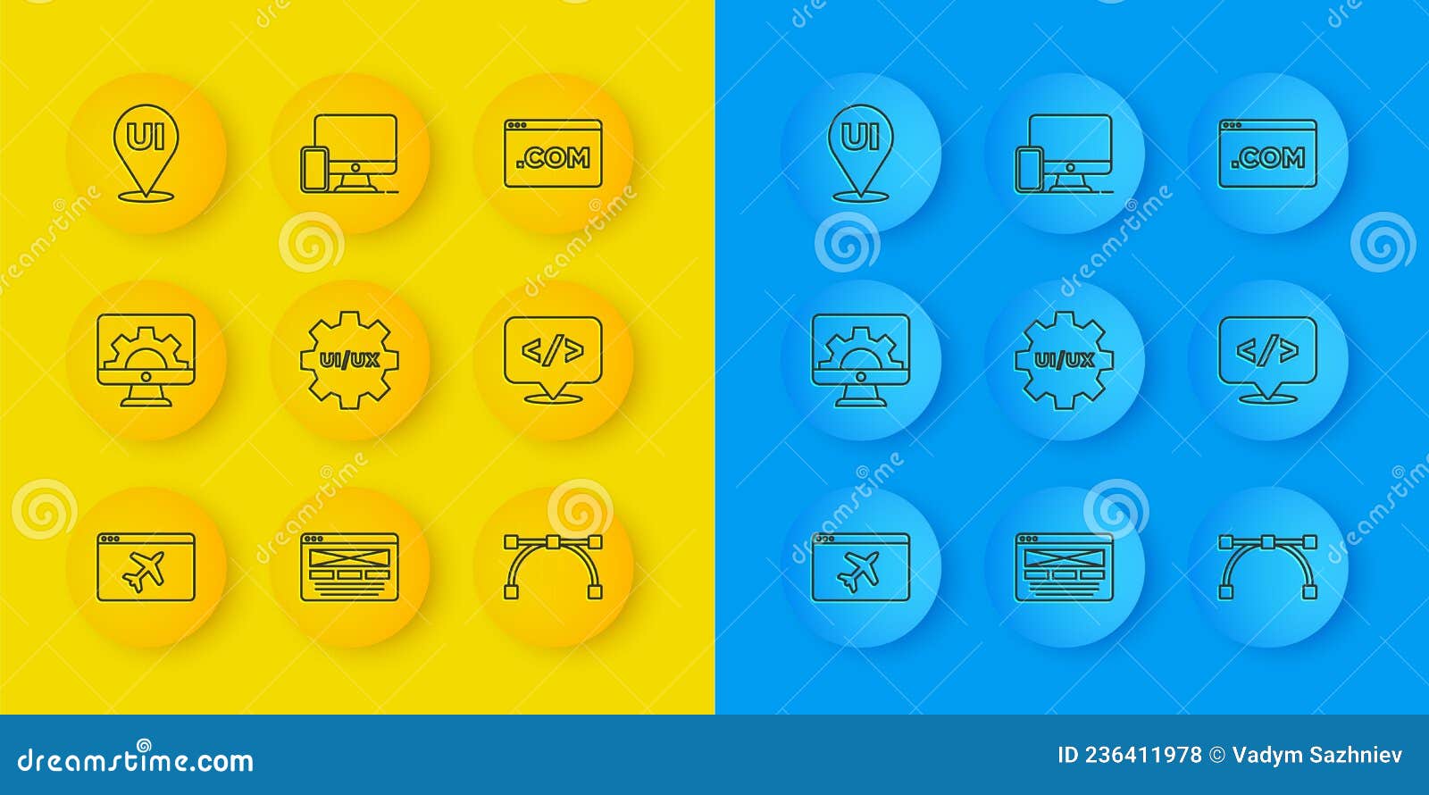 Set Line Website Template Development Ui Or Ux Design Bezier Curve Front End And Monitor 5235