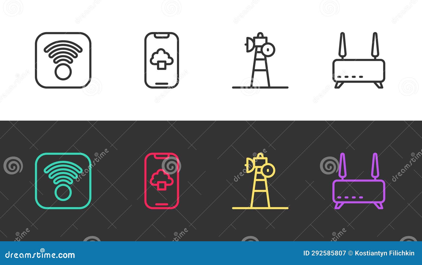 Set Line Wi-Fi Wireless Internet, Cloud Technology Data, Satellite Dish ...