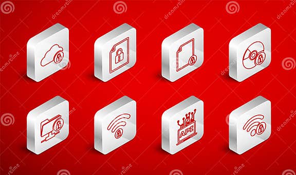 Set Line Wifi Locked, Document and, CD or DVD Disk with, Computer Api Interface, Cloud Computing ...
