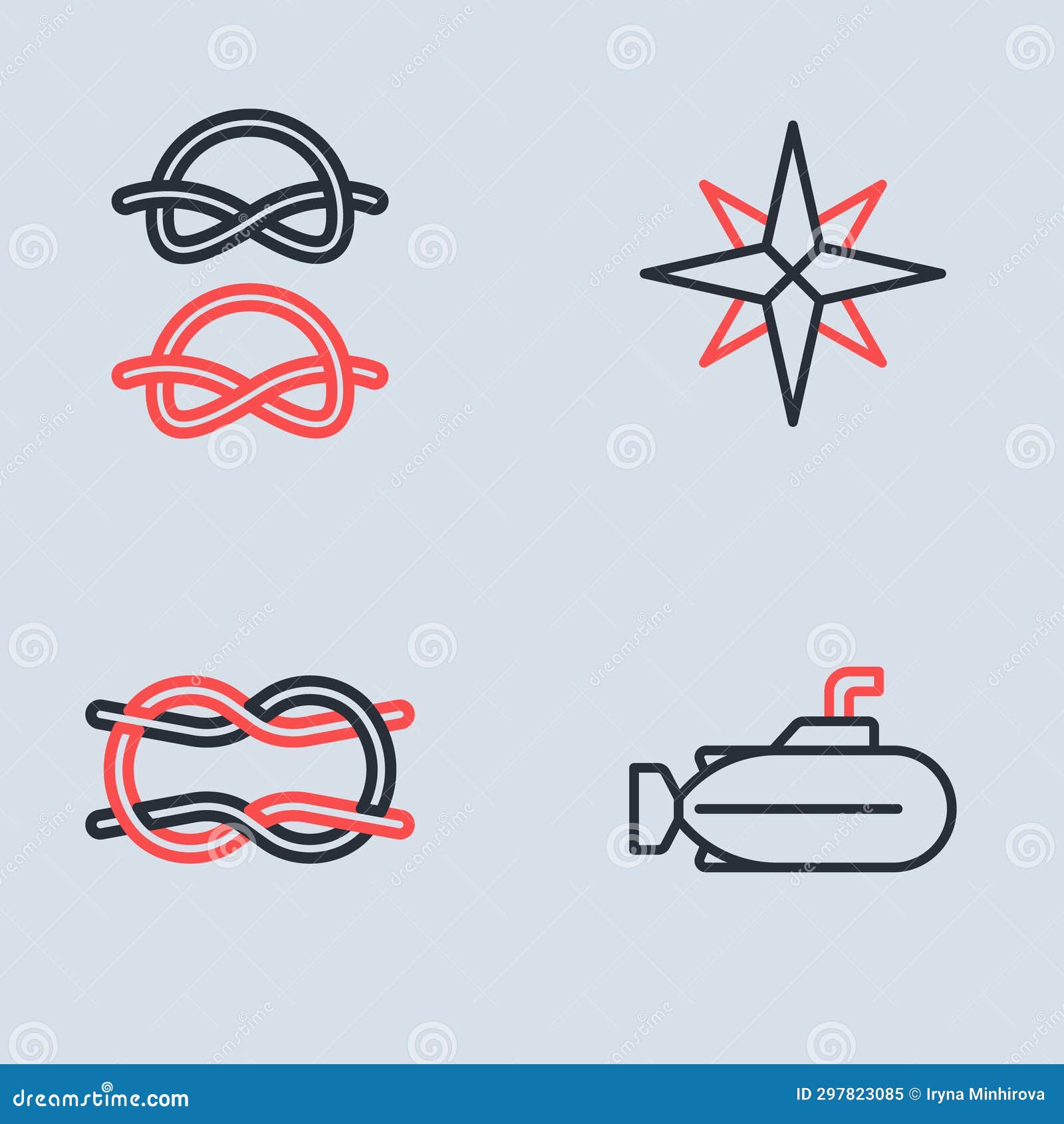 Set Line Wind Rose, Nautical Rope Knots, Submarine and Icon. Vector ...