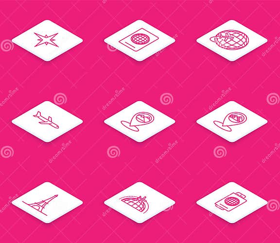 Set Line Wind Rose, Passport with Biometric Data, Globe Flying Plane ... Set Line Wind Rose, Passport with Biometric Data, Globe Flying Plane ...