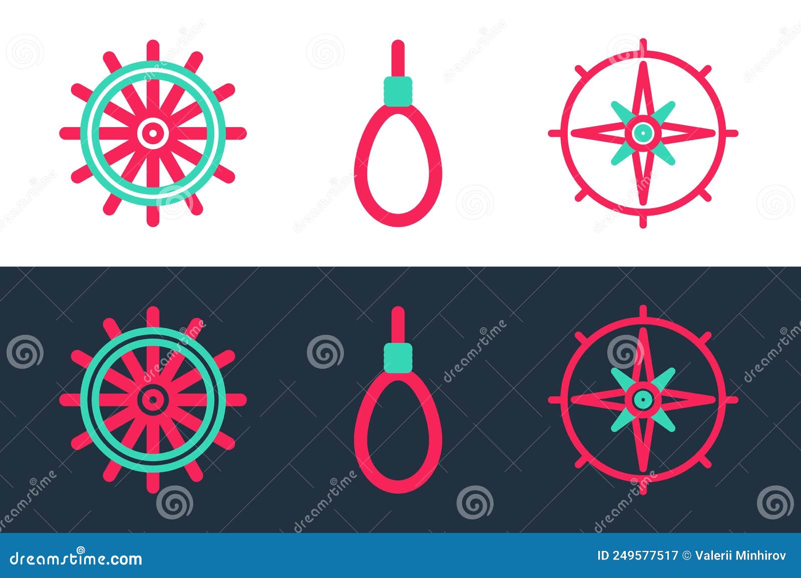 Set Line Wind Rose, Ship Steering Wheel and Gallows Rope Loop Hanging ...