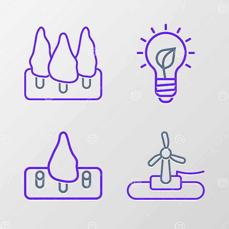 Set Line Wind Turbine, Deforestation, Light Bulb with Leaf and Forest ...