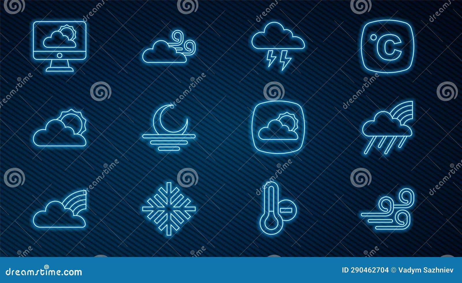 Set Line Windy Weather, Rainbow with Cloud and Rain, Storm, Sunset, Weather Forecast, and Icon ...