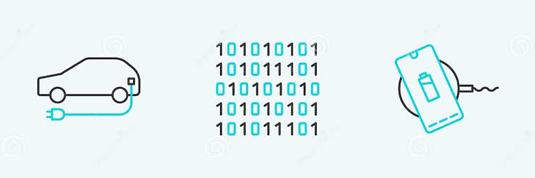 Set Line Wireless Charger, Electric Car and Binary Code Icon. Vector ...