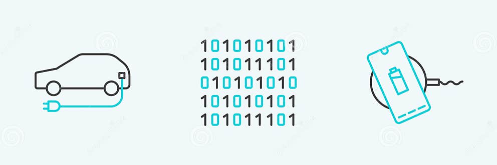 Set Line Wireless Charger, Electric Car and Binary Code Icon. Vector ... Set Line Wireless Charger, Electric Car and Binary Code Icon. Vector ...
