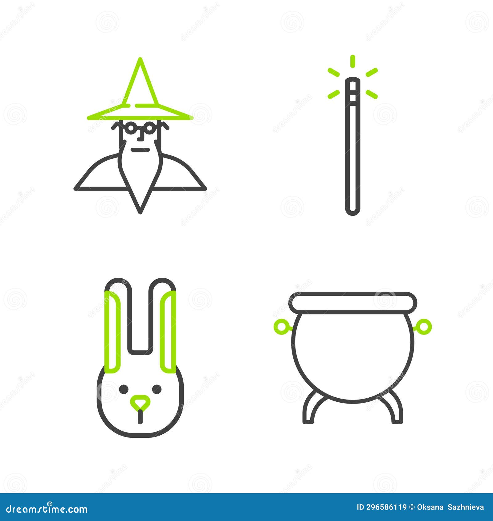 Set Line Witch Cauldron, Rabbit with Ears, Magic Wand and Wizard ...