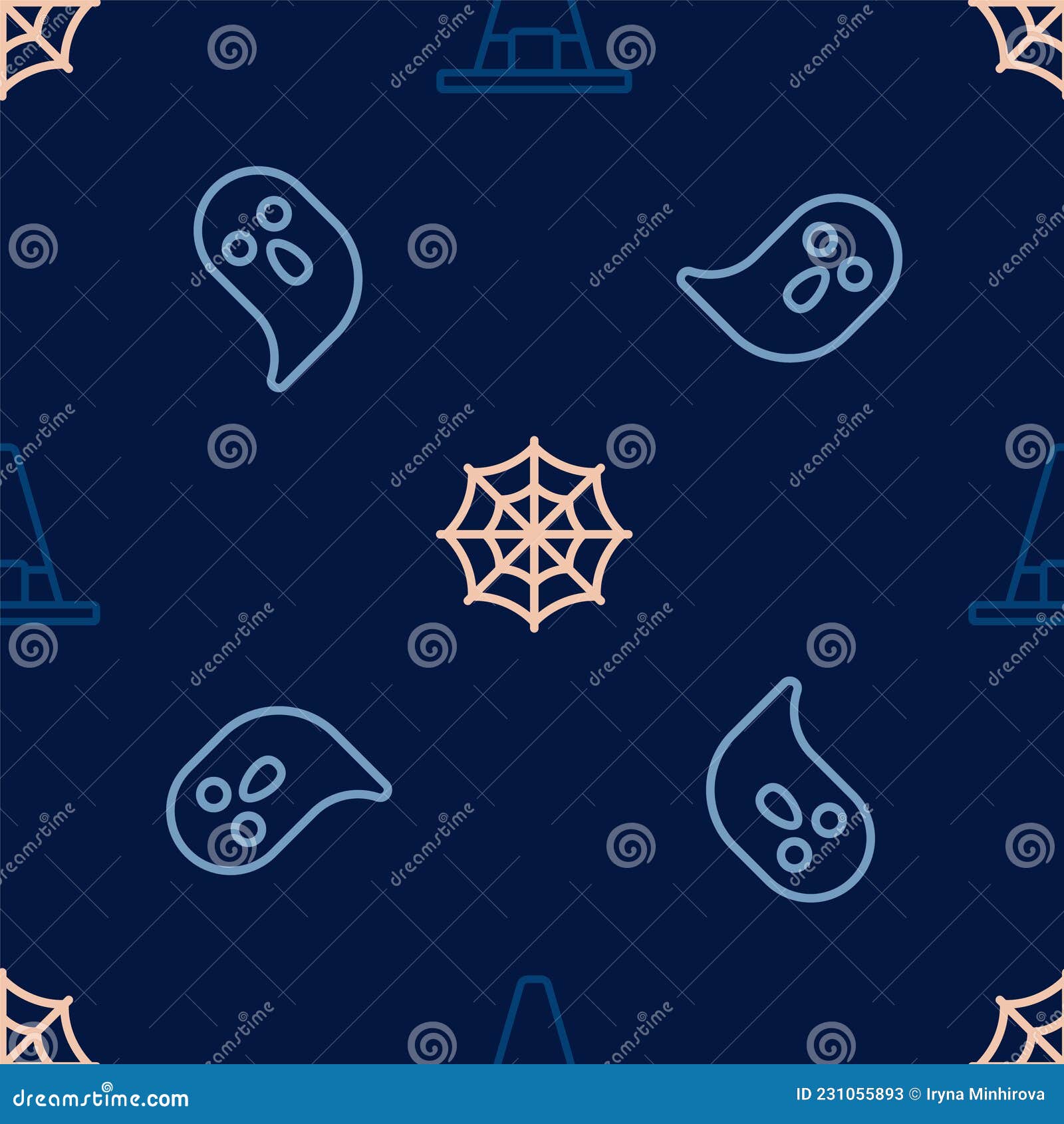 Set Line Witch Hat, Ghost and Spider Web on Seamless Pattern. Vector ...