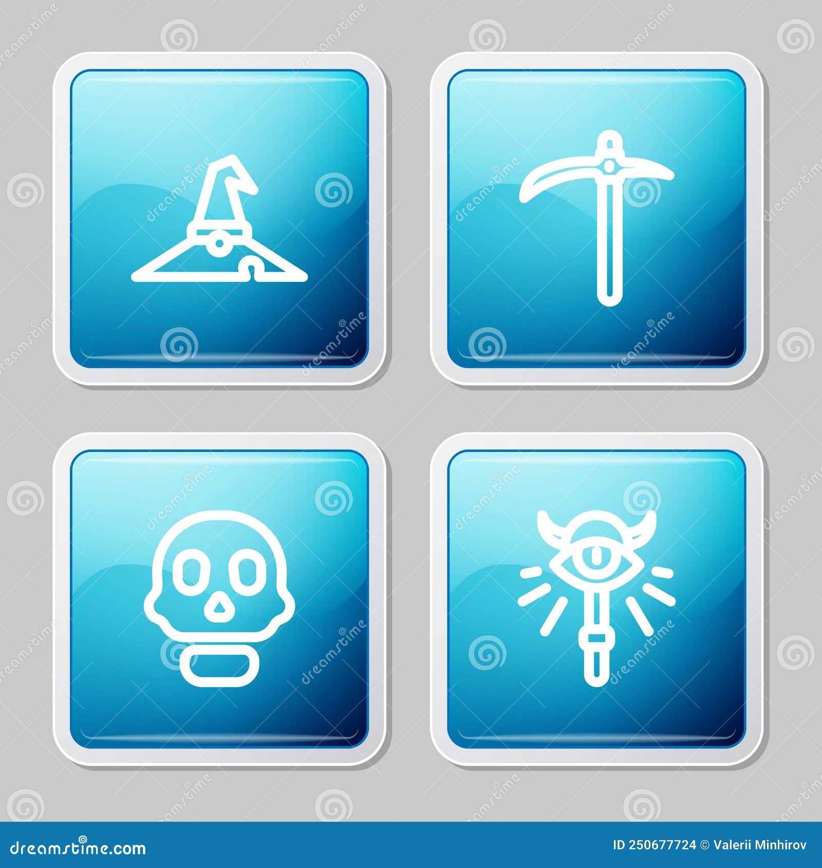 Set Line Witch Hat, Pickaxe, Skull and Magic Staff Icon. Vector Stock ...