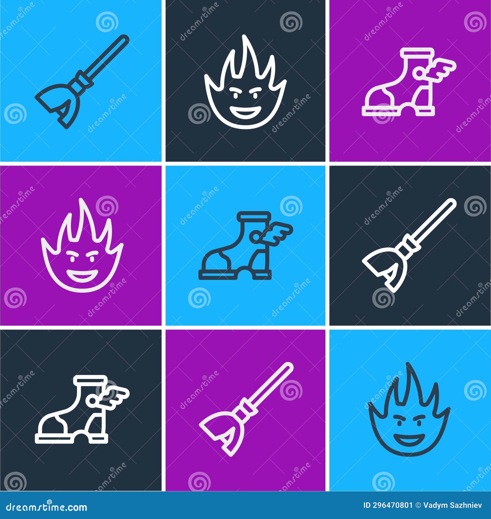 Set Line Witches Broom, Hermes Sandal and Fire Flame Icon. Vector Stock ...