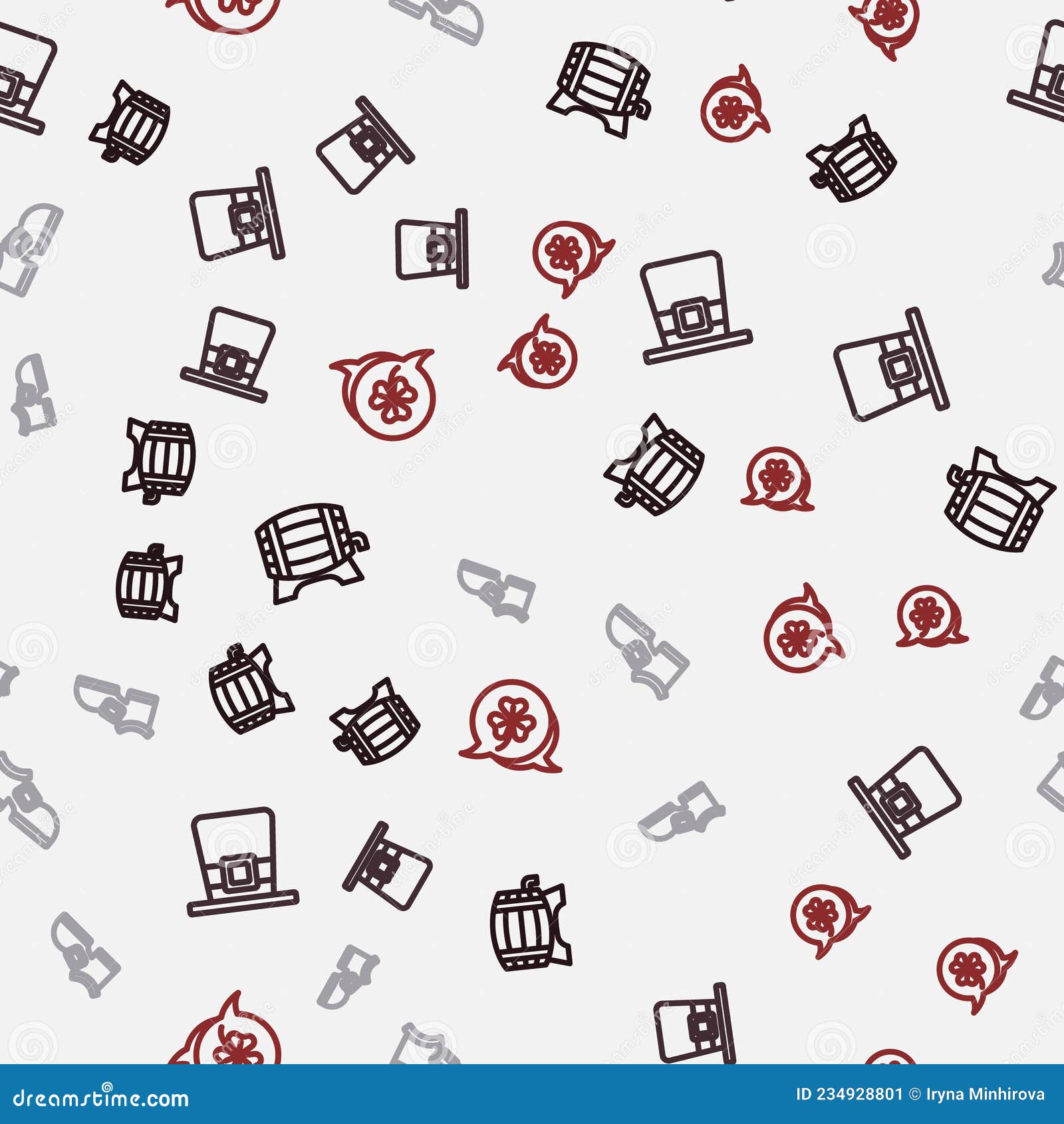 Set Line Wooden Barrel on Rack, Leprechaun Hat, Boot and Clover Trefoil ...