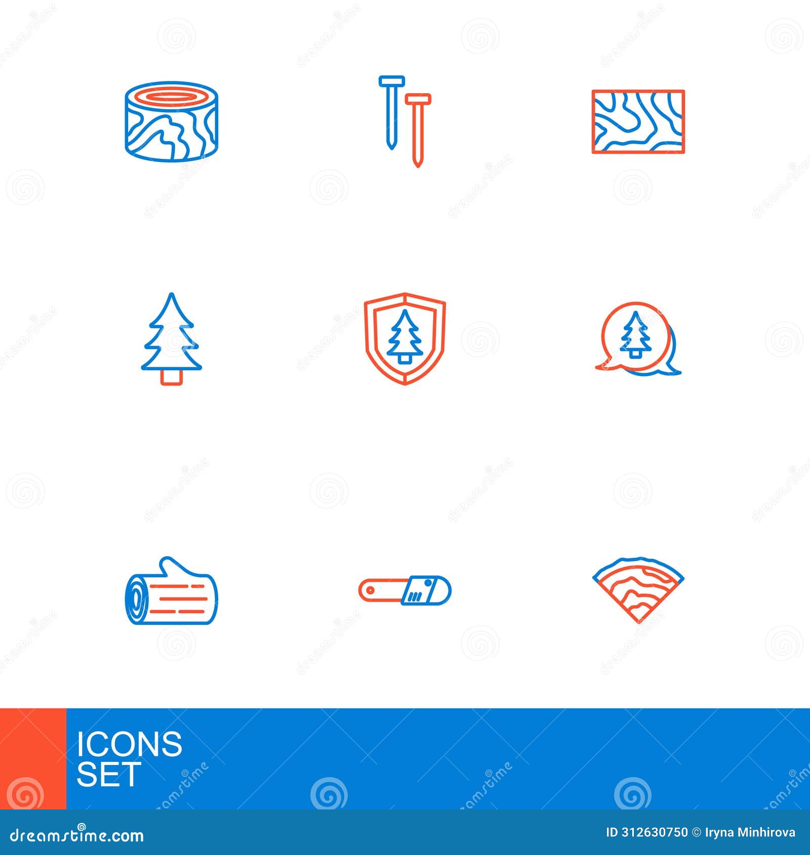 Set Line Wooden Beam, Chainsaw, Log, Tree, Shield with Tree, and ...