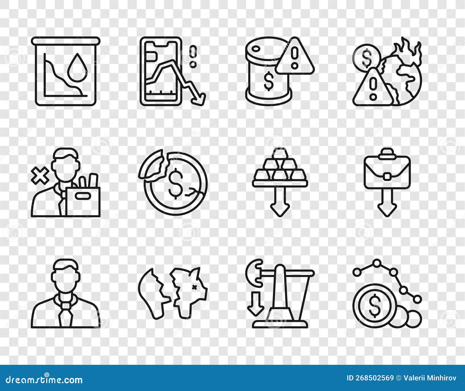 Set Line Worker, Dollar Rate Decrease, Drop in Crude Oil Price, Broken Piggy Bank, and Briefcase ...