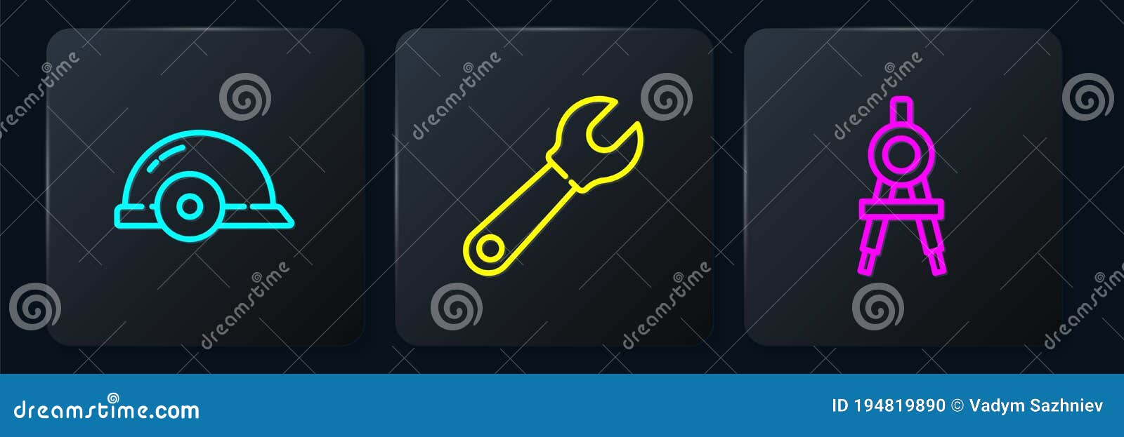 Set Line Worker Safety Helmet, Drawing Compass and Wrench Spanner ...