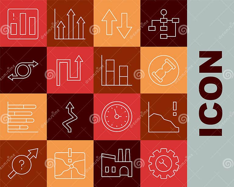 Set Line Wrench and Gear, Financial Growth Decrease, Old Hourglass with Sand, Arrow, Pie Chart ...