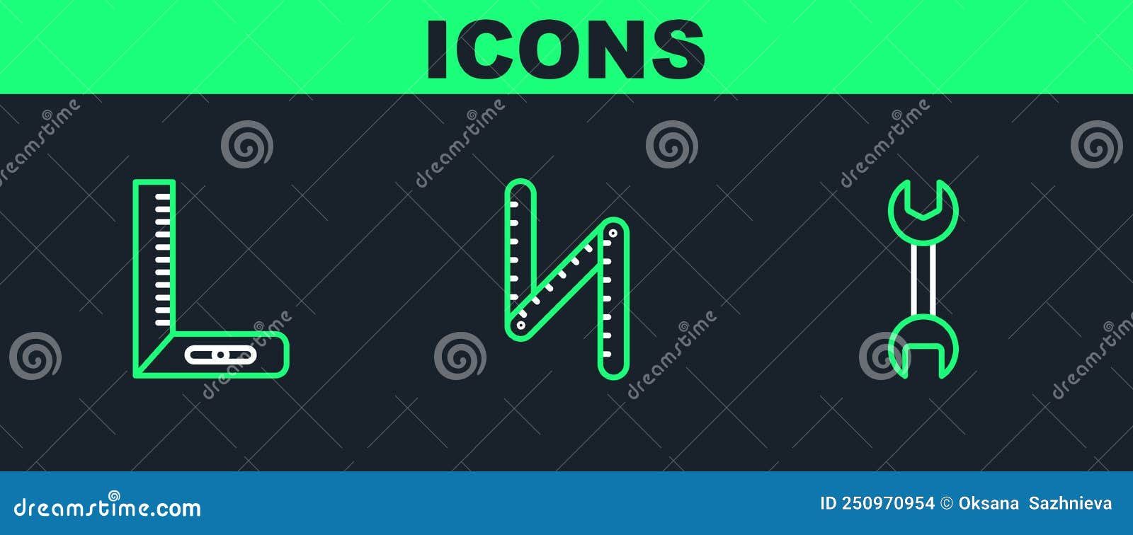 Set Line Wrench Spanner, Corner Ruler and Folding Icon. Vector Stock ...