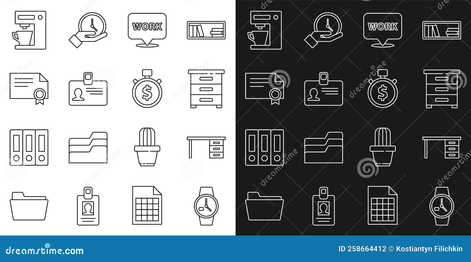 Set Line Wrist Watch, Office Desk, Drawer with Documents, Location Text ...