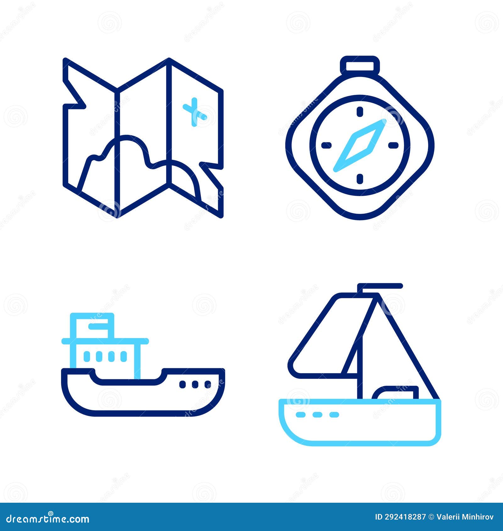 Set Line Yacht Sailboat, Cargo Ship, Compass and Pirate Treasure Map ...