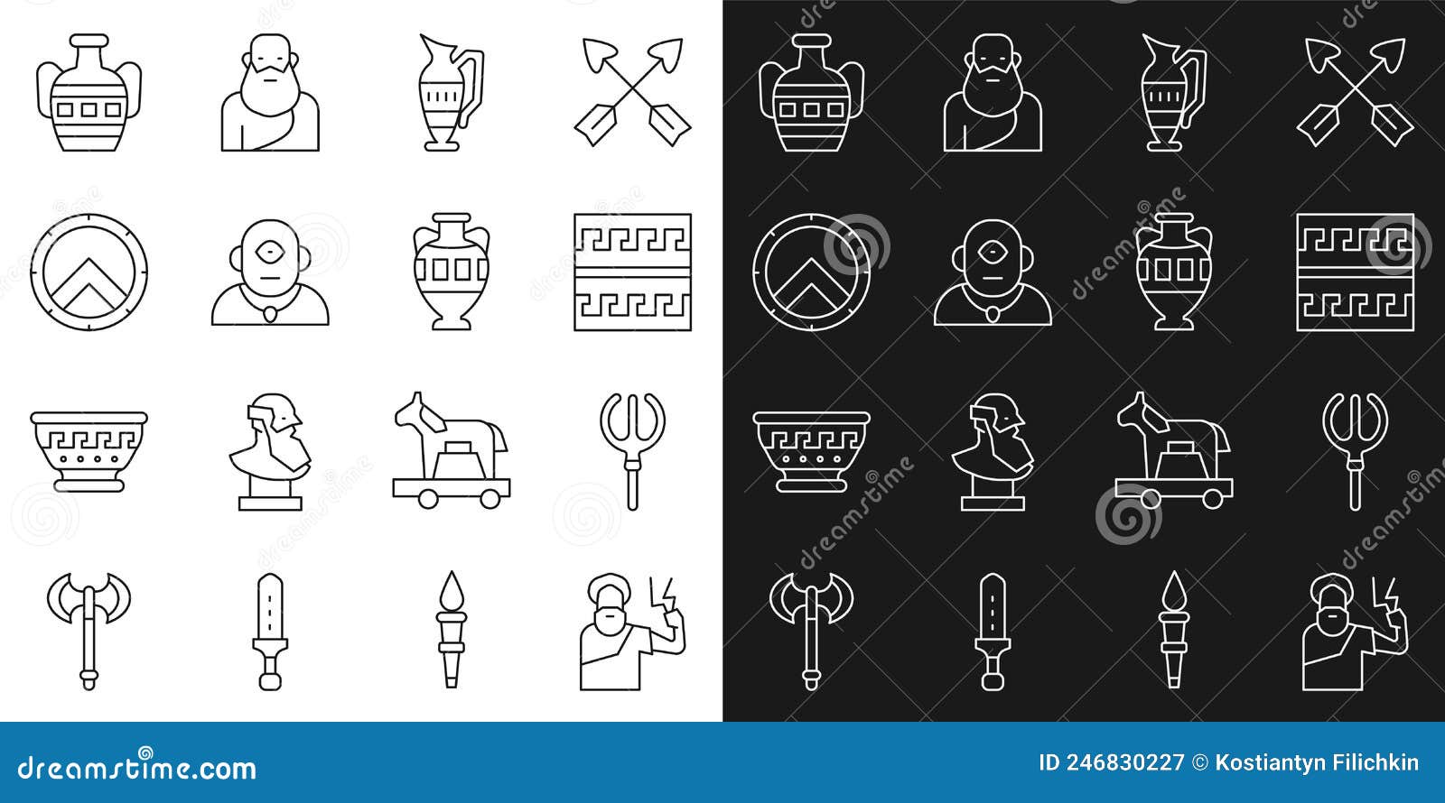 Set Line Zeus, Neptune Trident, Ancient Greek Pattern, Amphorae, Cyclops, Shield, and Icon ...
