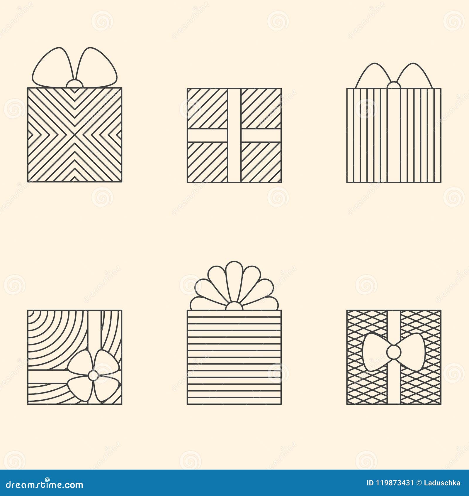 Set Of Linear Gift Boxes Icons, Side And Top Views With Different Bows ...